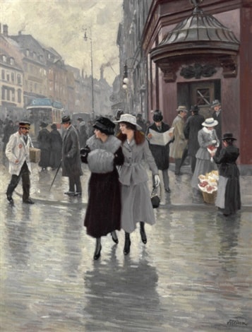 Copenhagen Street Scene with Two Elegant Young Women Strolling Down the ...