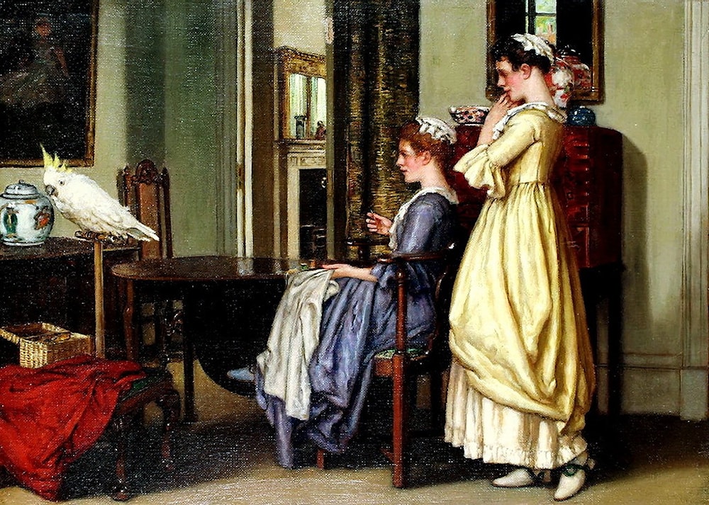 Interior with Two Girls and Parrot by Stephen Reid - Art Renewal Center