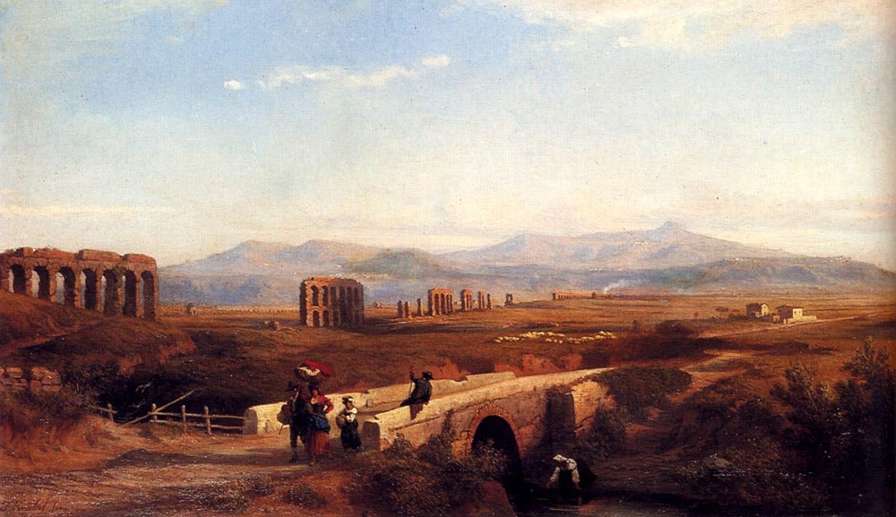 Peasants On A Bridge With Roman Ruins Beyond by Franz Knebel - Art ...