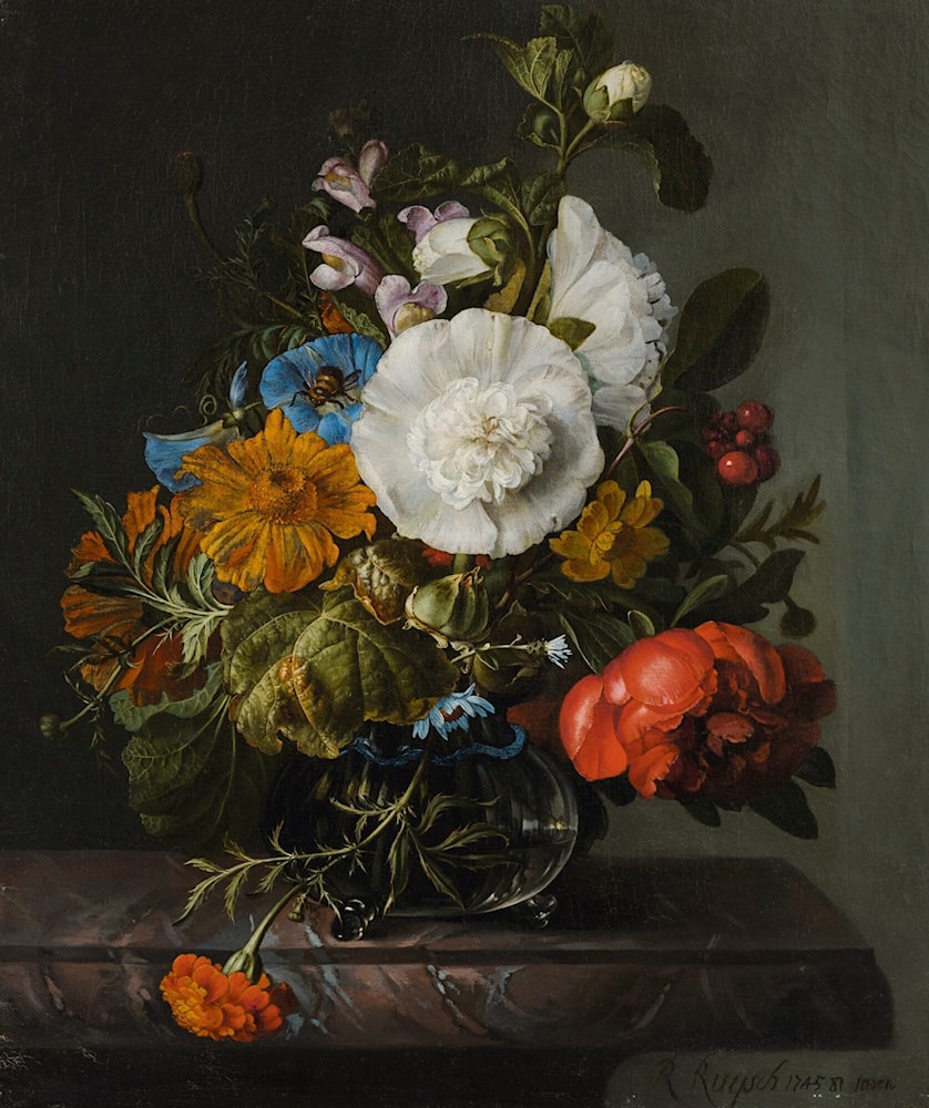 Still Life of Flowers in a Glass Vase on a Marble Ledge by Rachel ...