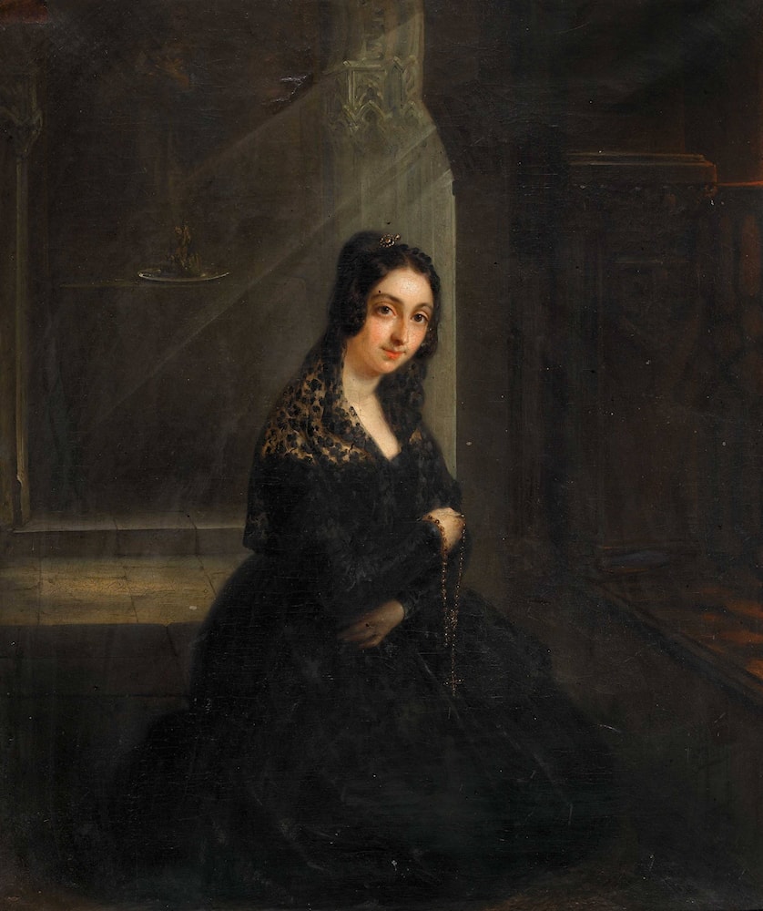 Kneeling Lady with Rosary by Octave Tassaert - Art Renewal Center