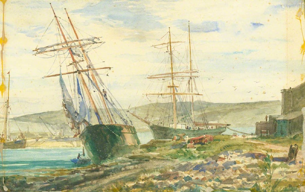 Boats in Harbour at Low Tide by Henry Scott Tuke - Art Renewal Center