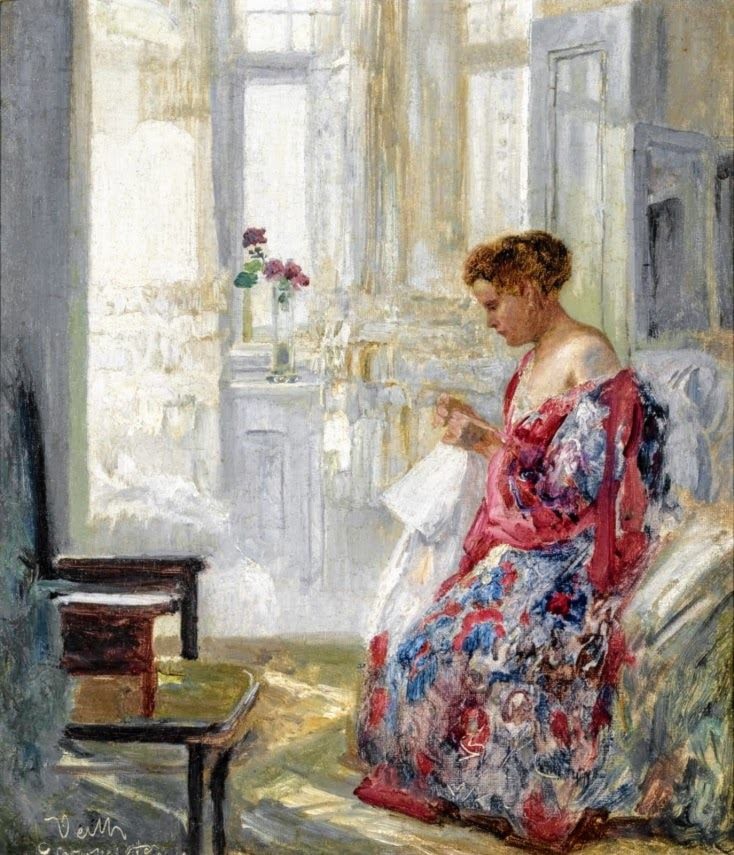 A Young Woman Sewing by Eduard Veith - Art Renewal Center