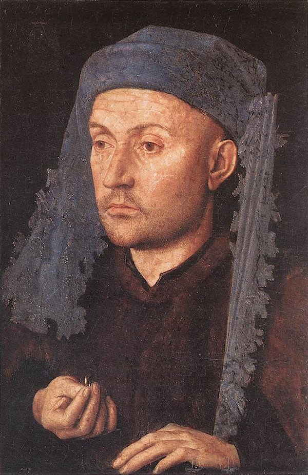 Portret van onbekende een man met blauwe kaproen by Jan van Eyck - 2 ...