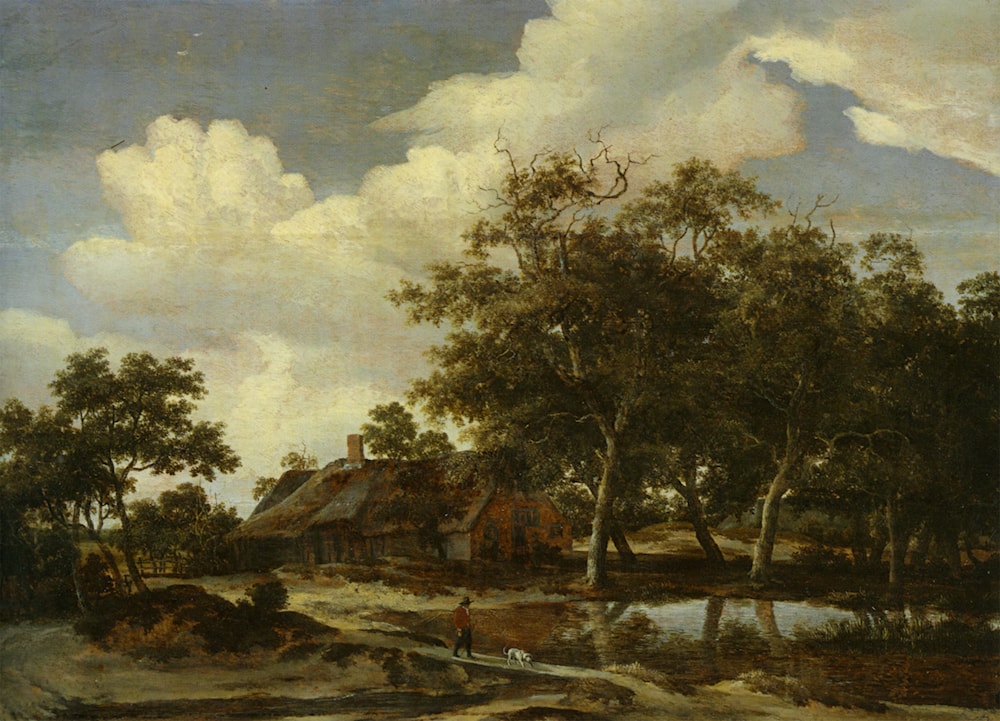 A wooded landscape with a figure crossing a bridge over a stream by ...