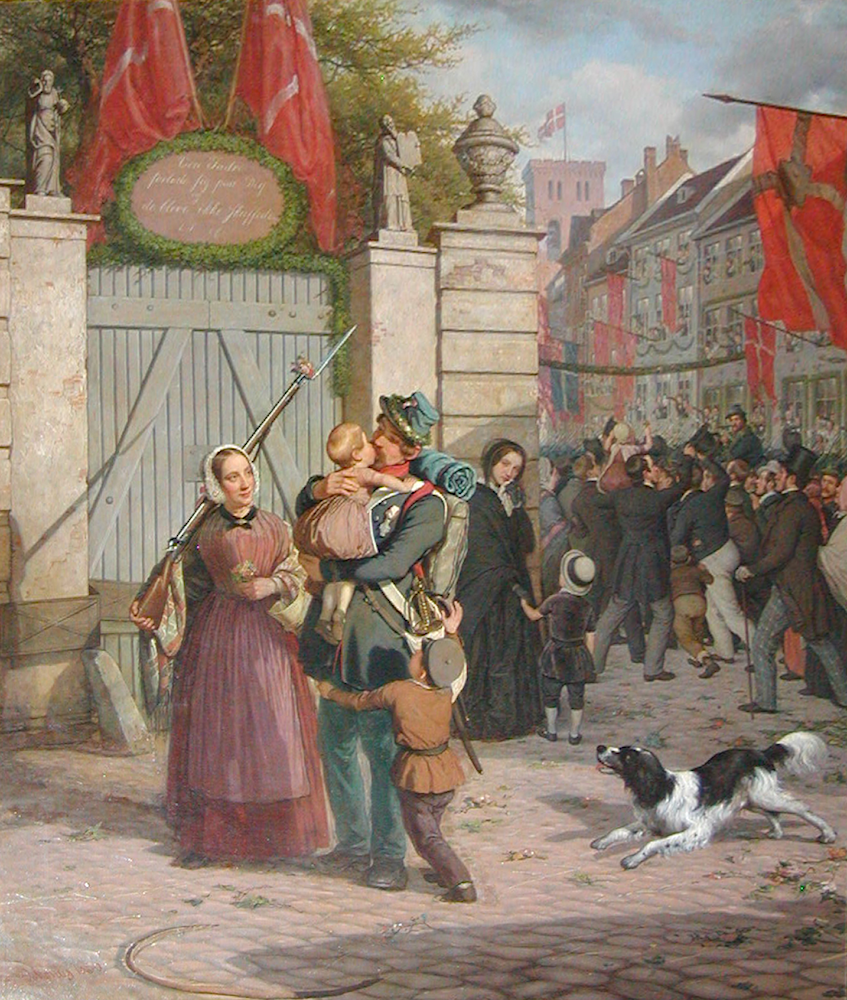 Soldaternes indtog i København 1849. I baggrunden porten fra Strøget ...