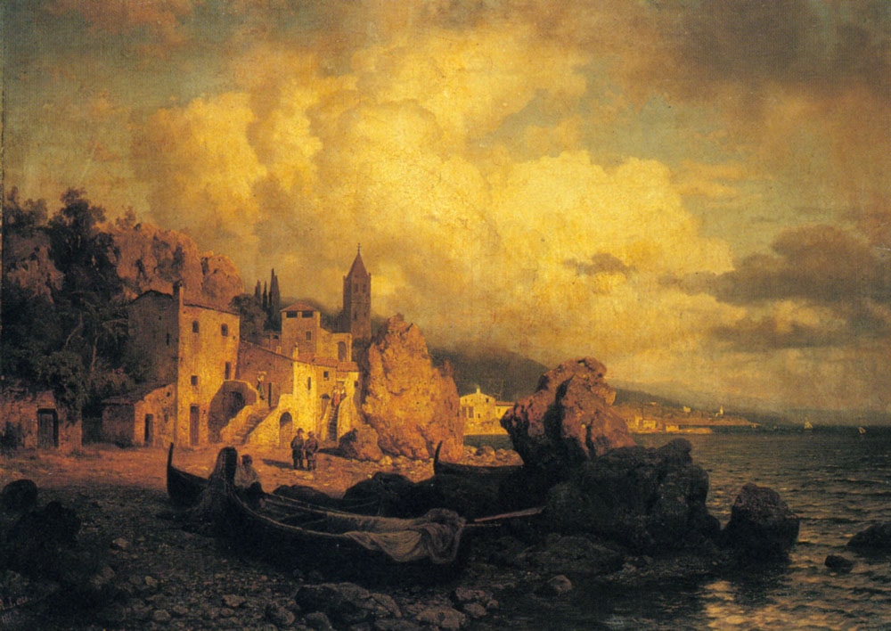 A Coastal Fishing Village by August Wilhelm Leu - Art Renewal Center