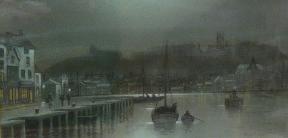 Dock End Whitby By Moonlight by Wilfred Jenkins - Art Renewal Center