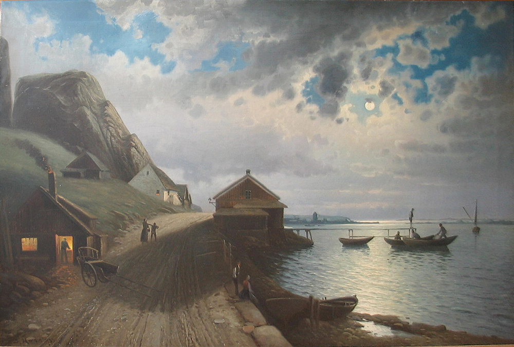 A moonlit coastal view with numerous boats by Siegfried Hass - Art ...