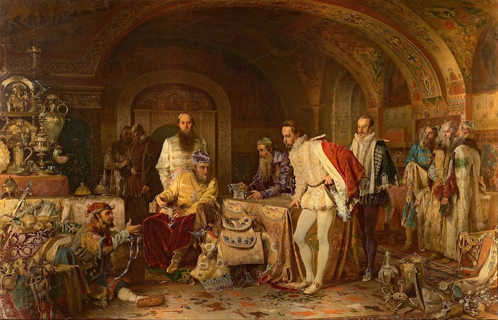 Ivan IV of Russia ("Ivan the Terrible") demonstrates his treasures to ...