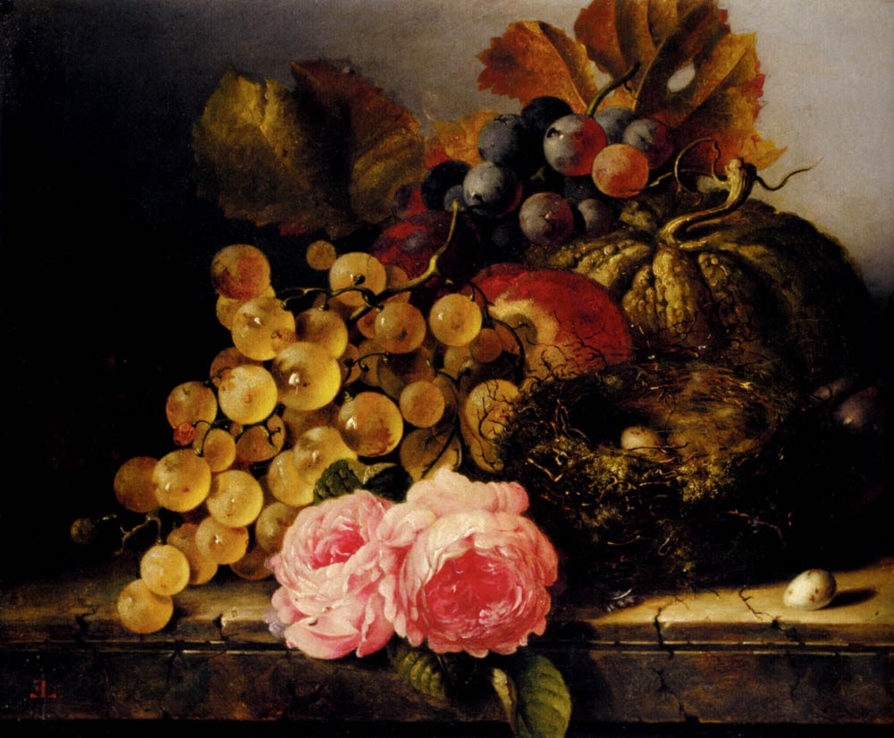 Still Life With A Birds Nest, Roses, A Melon And Grapes by Edward ...