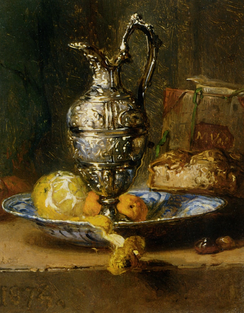 A still life with a lemon, oranges, bread, and a pitcher by Maria Vos ...